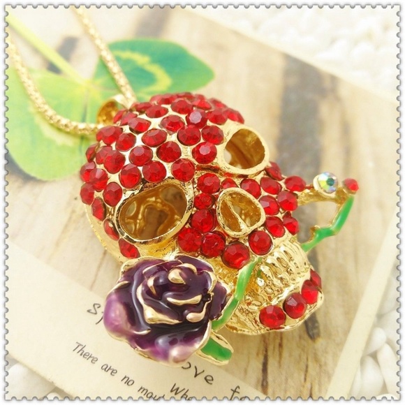Jewelry | New Red Crystal Skull Rose Goth Chain Necklace | Poshmark